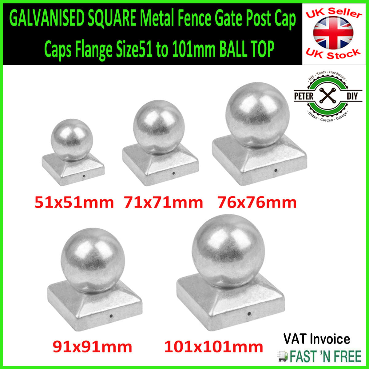 GALVANISED SQUARE Metal Fence Gate Post Cap Caps Flange Size BALL TOP ...